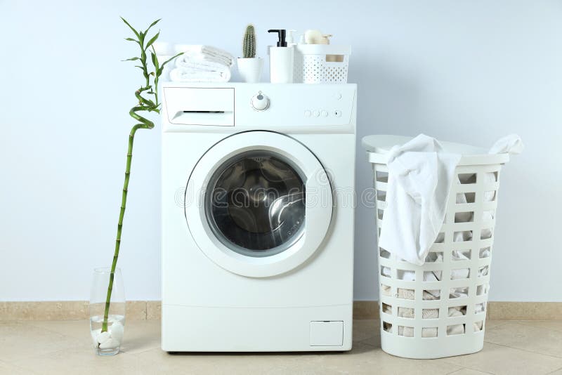 Concept of Housework with Washing Machine Against White Wall Stock ...