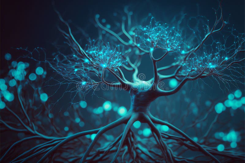 Human Brain with Blue Glowing Connection Made from Roots of Tree on ...