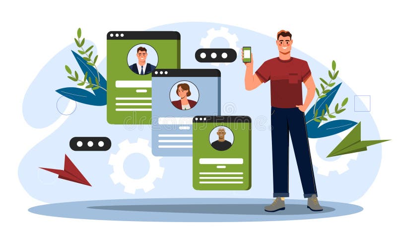 Concept of Human Resources. Man with a Smartphone Surrounded by Profile ...