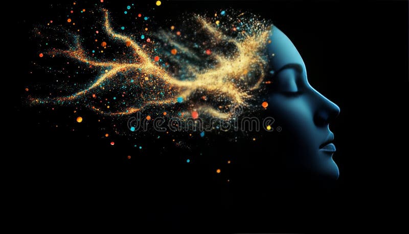 Concept of Idea and Creativity. Silhouette of Woman with Exploding ...