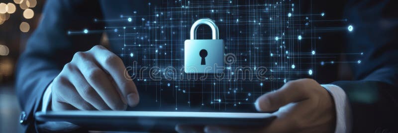 A Businessman Shows a Lock Icon To Protect Data and Secure Internet ...