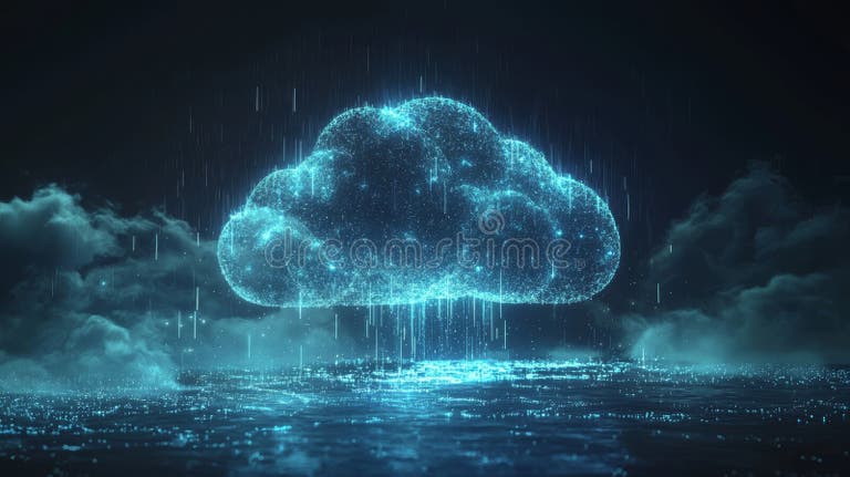Concept Illustration of Digital Rain and Cloud Computing with Blue ...
