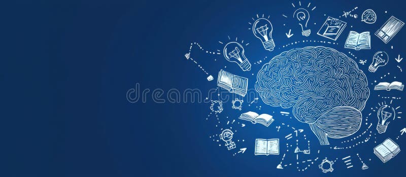 Illustration of a Brain with Knowledge-related Icons on a Blue ...