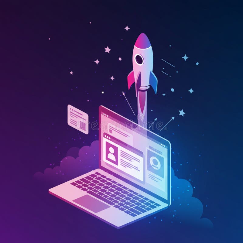 A Concept Illustration Featuring a Laptop with a Stylized Rocket ...