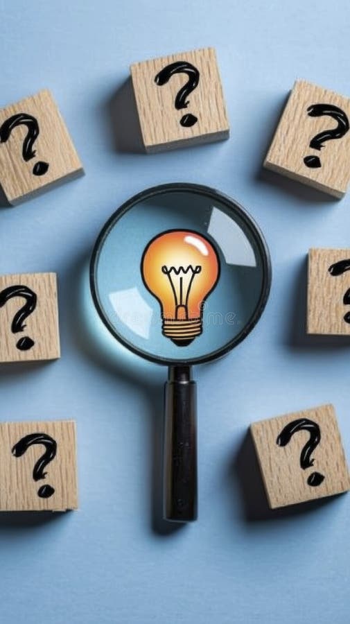 A Glowing Light Bulb Under a Magnifying Glass among Cubes with Question ...