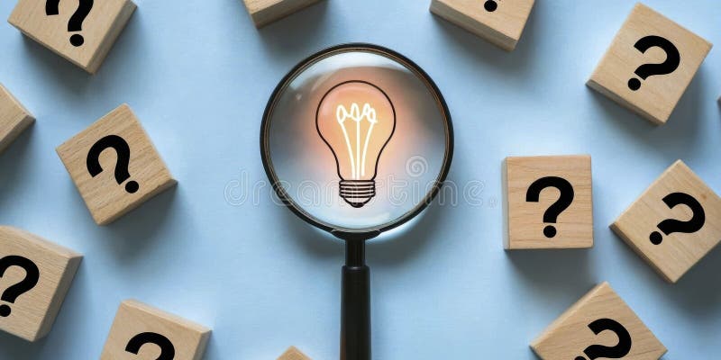 A Glowing Light Bulb Under a Magnifying Glass among Cubes with Question ...