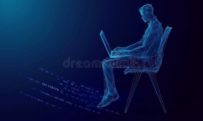 Concept Illustration of a Hacker Utilizing an Abstract Laptop with a Binary Code Digital ...