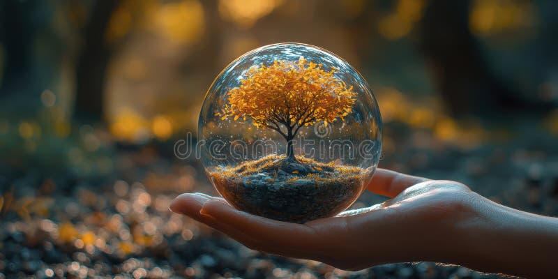 A Hand Holds a Glass Sphere with a Tree on a Forest Background, an ...