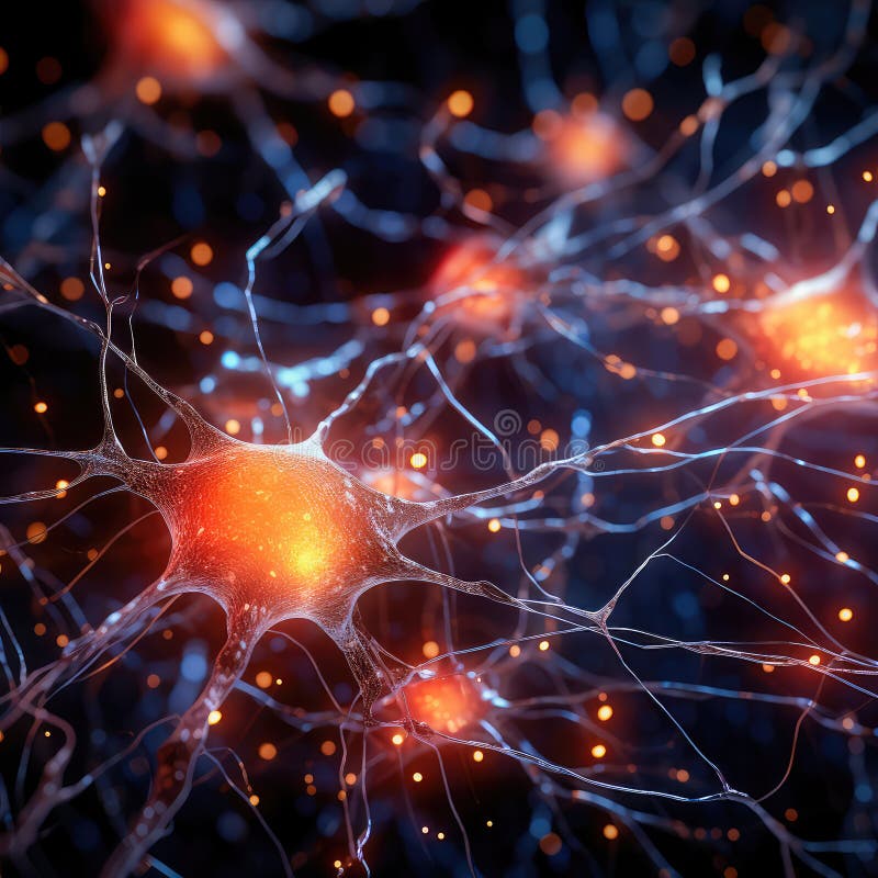 Illustration of a Human Nerve Cell on a Dark Blue Background with Light ...