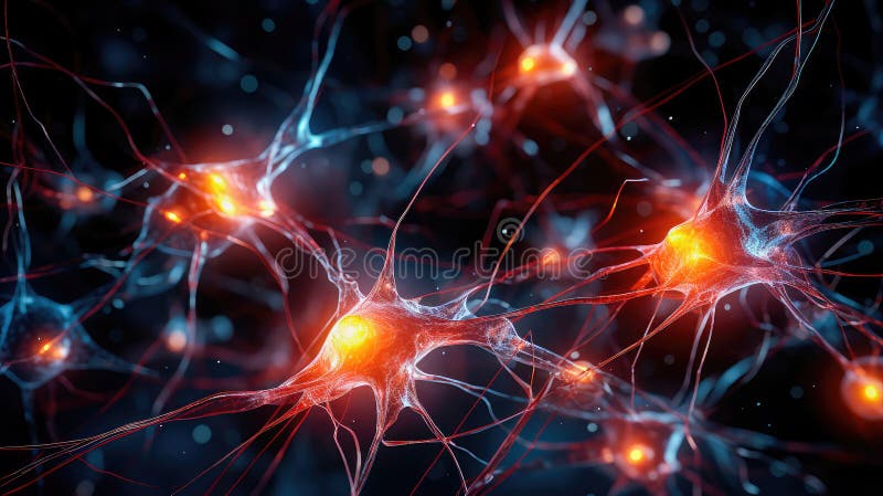 Illustration of a Human Nerve Cell on a Dark Blue Background with Light ...