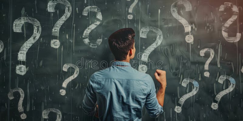 A Person at a Blackboard with Question Marks, Symbolizing Confusion ...