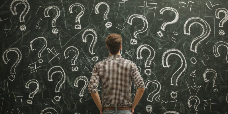 A Person at a Blackboard with Question Marks, Symbolizing Confusion ...