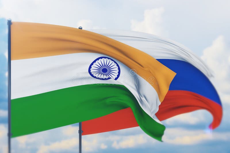 Waving Russian Flag and Flag of India. Closeup View, 3D Illustration ...