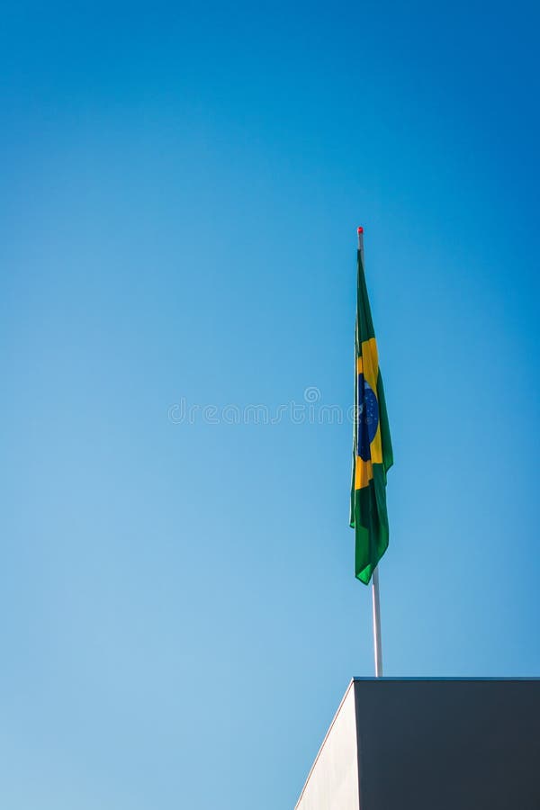 Brazilian Flag on Pole without Wind in Front of Blue Sky Stock Image ...