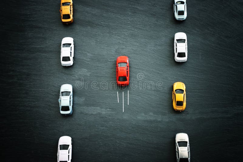 Concept Image of Challenge and Teamwork. Red Car Leading the Group ...
