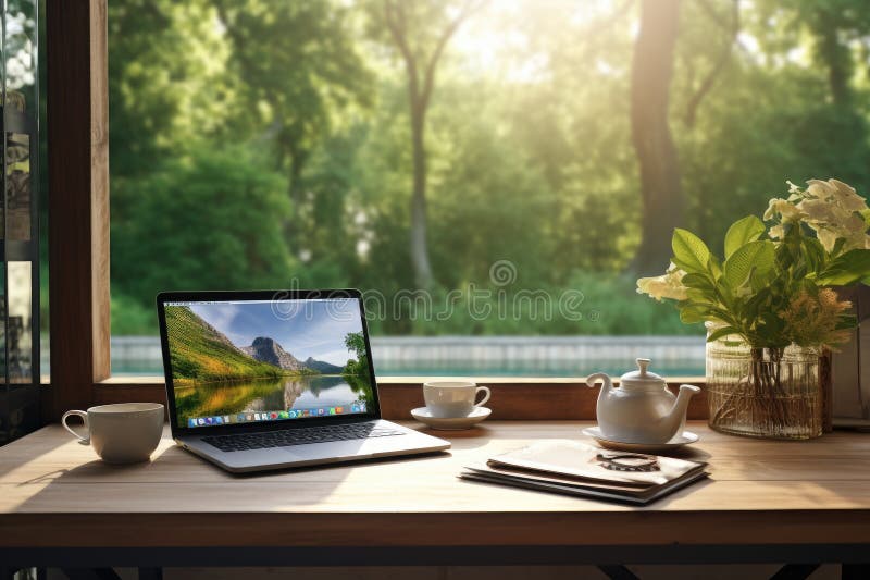Remote Work Concept Illustrated by Laptop on Table with Nature View ...