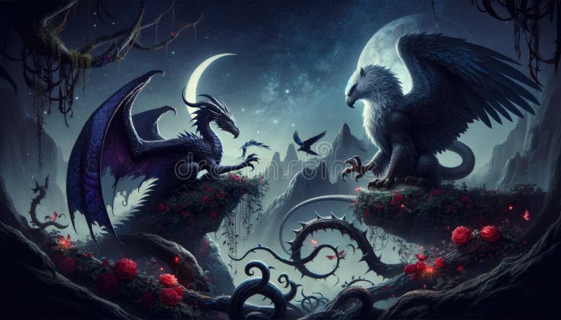 Two Mythical Creatures in a Romantic Moonlit Setting Stock Illustration ...