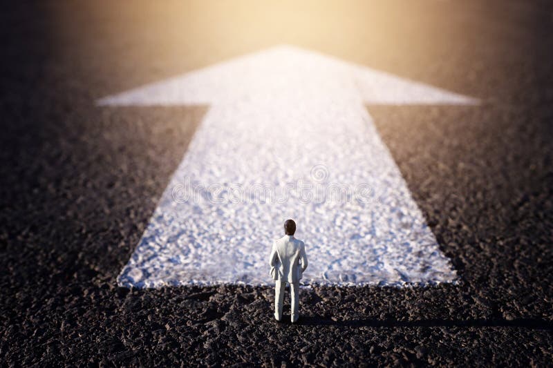 Concept Image of Small Figure Standing on Arrow Looking Ahead. Concept ...