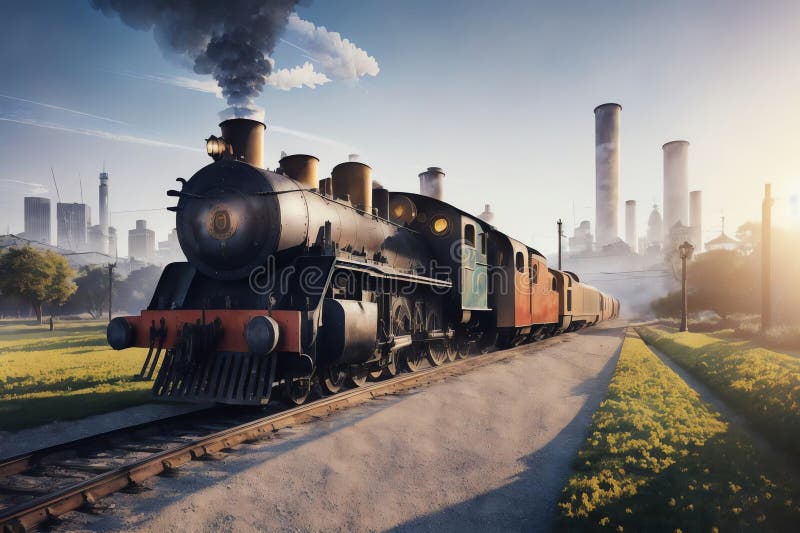 Image of Steam Engine Train in Modern Cityscape .AI Generated Stock ...
