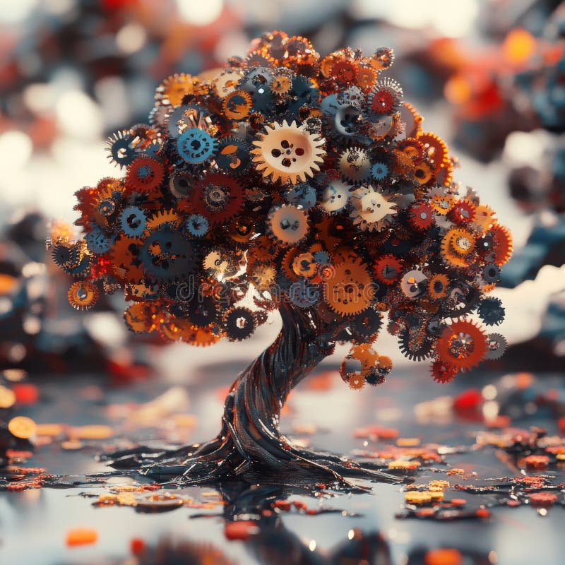 Concept of Innovation Growth with 3D Abstract Gears and Tree Branches ...