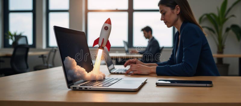 Innovative Startup Concept Showcasing Rocket Launch from Laptop Screen ...