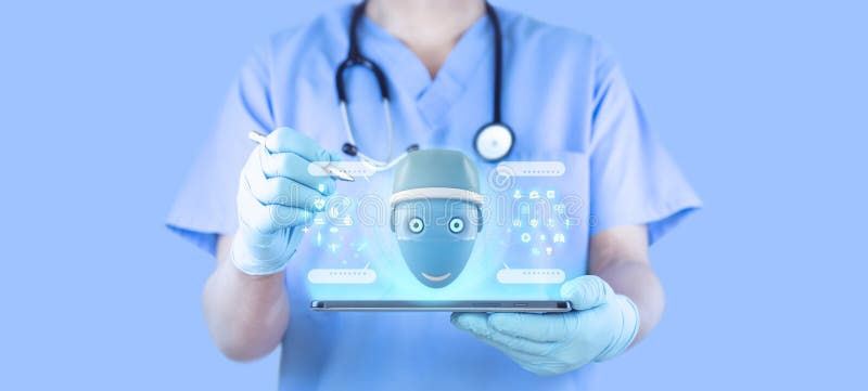 Concept of AI in Medicine Via Text Chat. Doctor Shows AI Robot on Sky ...