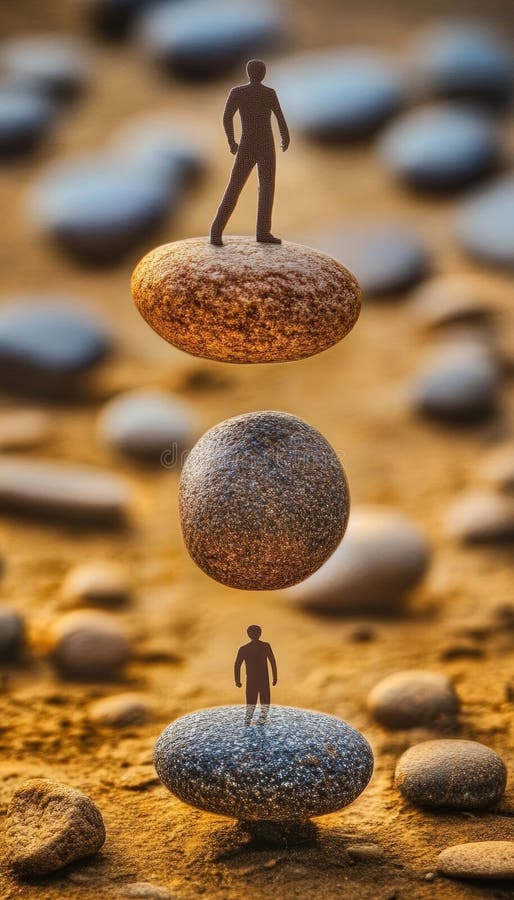 Concept of Interconnection Miniature Human Figures on Levitating Stones ...