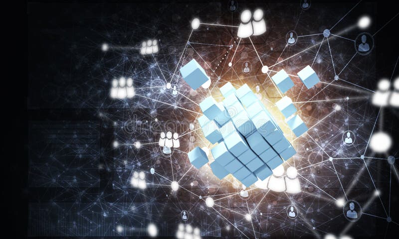 Concept of Internet and Networking with Digital Cube Figure on Dark ...