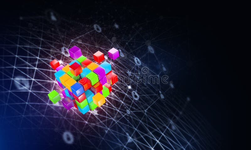 Concept of Internet and Networking with Digital Cube Figure on Dark ...
