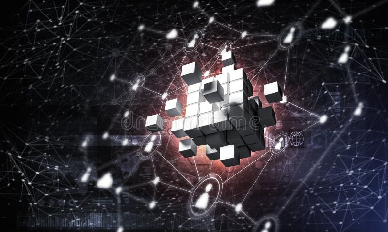 Concept of Internet and Networking with Digital Cube Figure on Dark ...