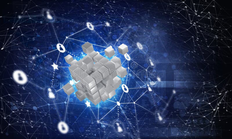 Concept of Internet and Networking with Digital Cube Figure on Dark ...