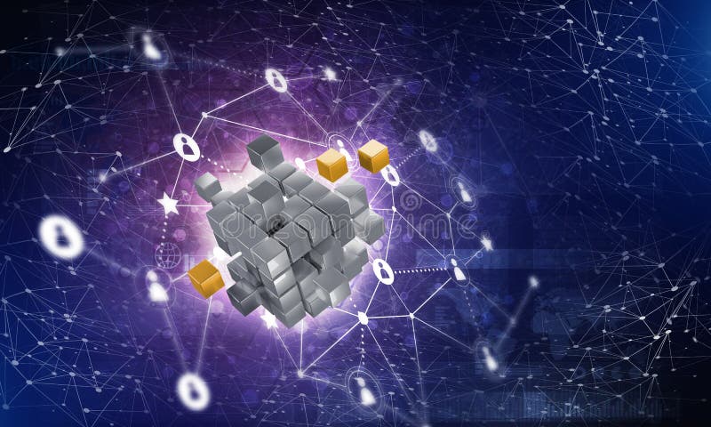 Concept of Internet and Networking with Digital Cube Figure on Dark ...