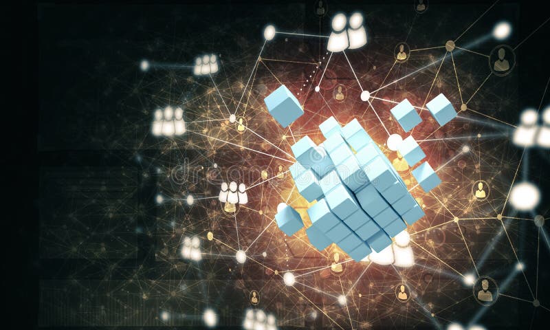 Concept of Internet and Networking with Digital Cube Figure on Dark ...