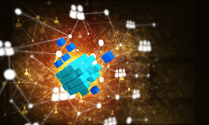 Concept of Internet and Networking with Digital Cube Figure on Dark ...