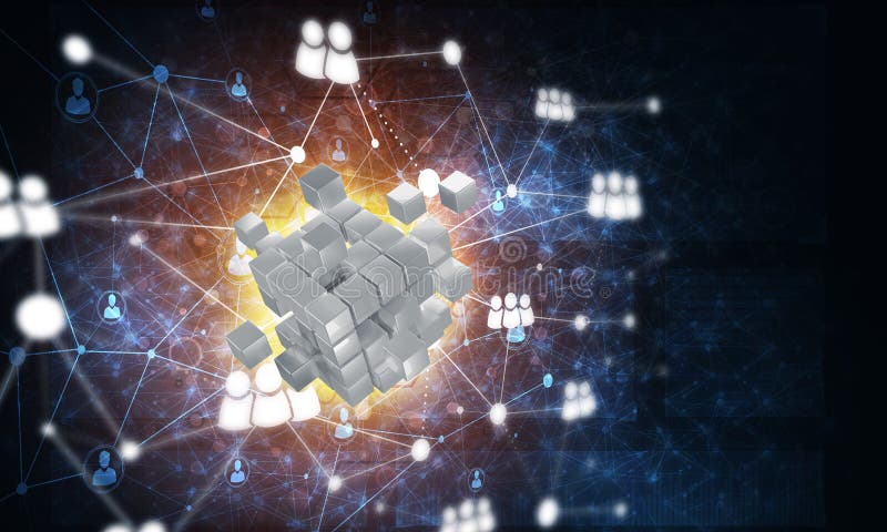 Concept of Internet and Networking with Digital Cube Figure on Dark ...