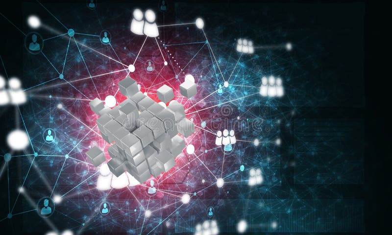 Concept of Internet and Networking with Digital Cube Figure on Dark ...