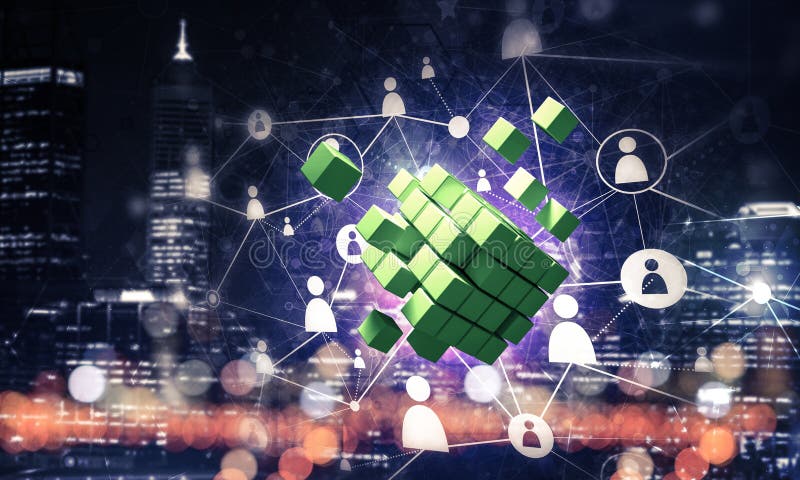 Concept of Internet and Networking with Digital Cube Figure on Dark ...