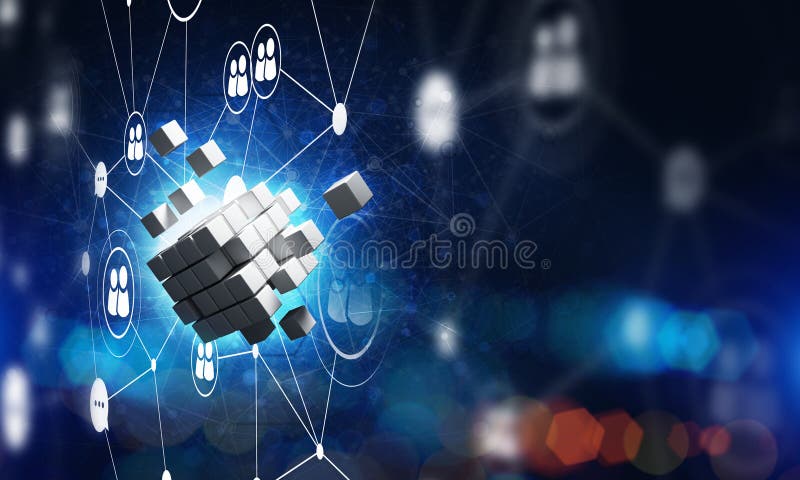 Concept of Internet and Networking with Digital Cube Figure on Dark Background Stock ...