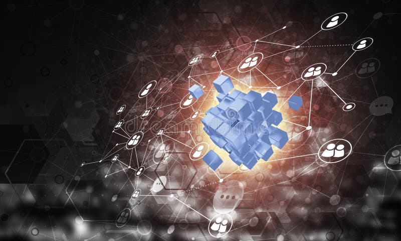 Concept of Internet and Networking with Digital Cube Figure on Dark ...