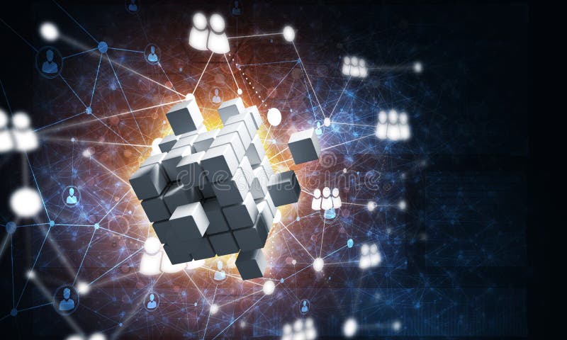 Concept of Internet and Networking with Digital Cube Figure on Dark ...