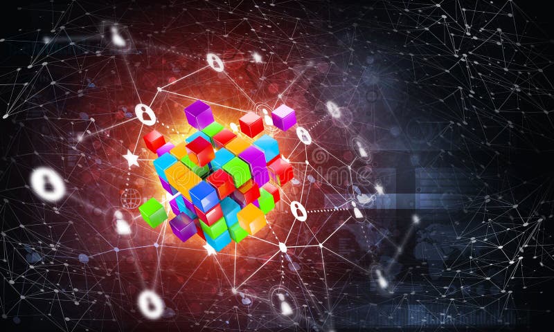 Concept of Internet and Networking with Digital Cube Figure on Dark ...
