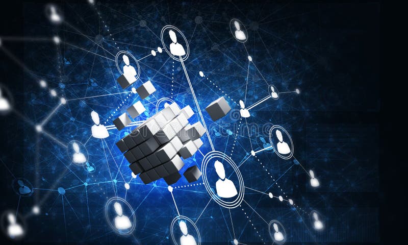 Concept of Internet and Networking with Digital Cube Figure on Dark ...