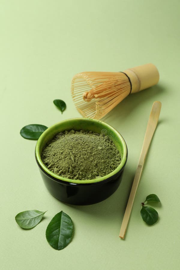 Concept of Japanese Tea with Matcha on Green Background Stock Photo ...