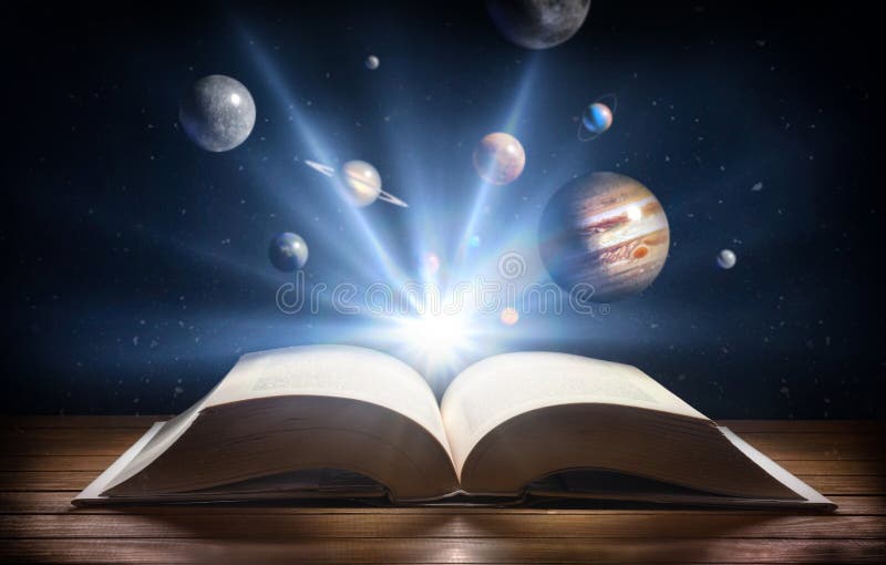 Concept of Knowledge of Universe with Book Planets and Universe Stock ...