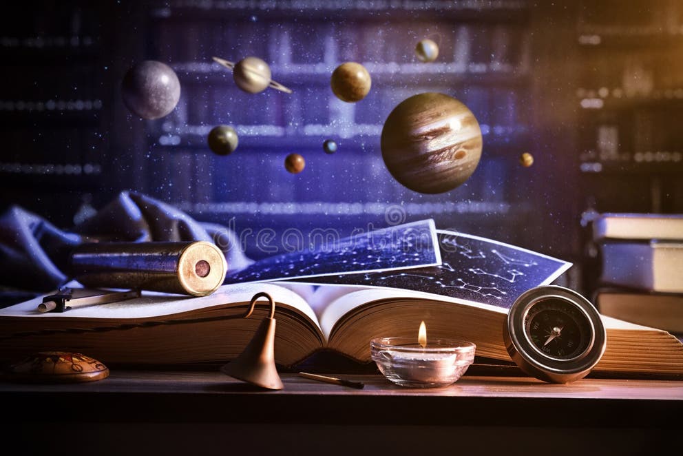 Concept of Knowledge of Universe with Book Planets and Library Stock Photo - Image of study ...