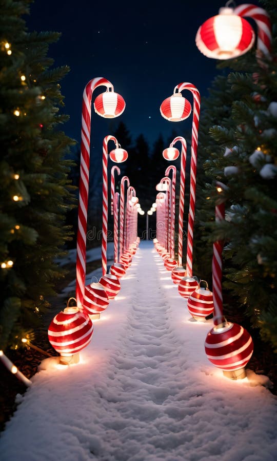 Lanterns Illuminating a Pathway Lined with Candy Canes, Night, Outdoors ...