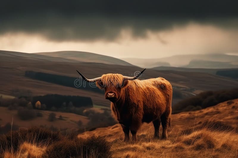 Large Highland Cattle in a Meadow in Top of a Hill, Beautiful Dramatic ...