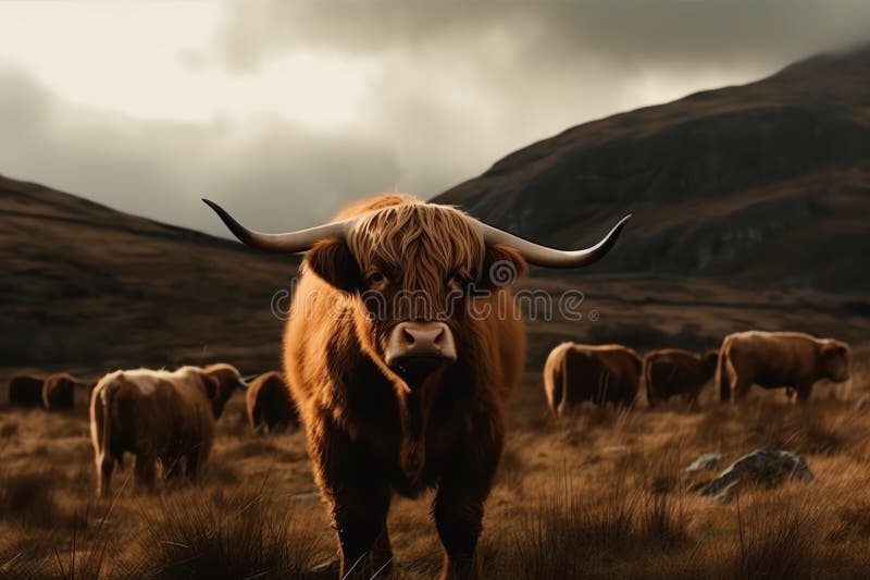 Large Highland Cattle in a Meadow in Top of a Hill, Beautiful Dramatic ...