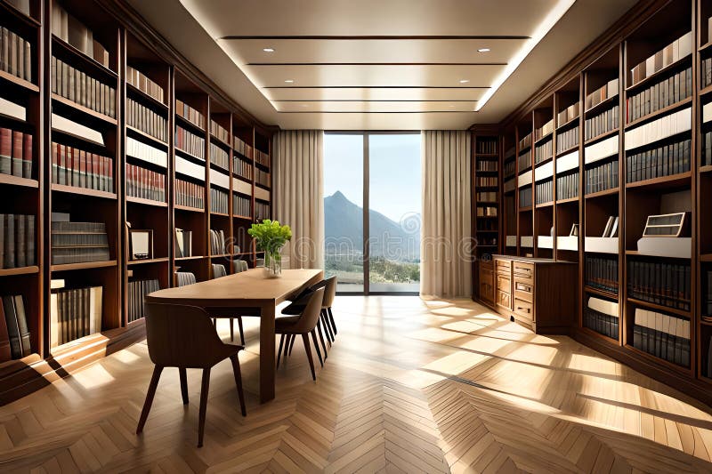 A Large Modern Library with Stack of Books with Sunlight, Bookshelf in ...