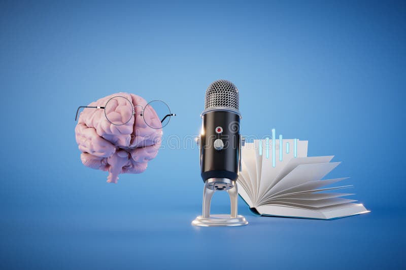 The Concept of Learning Audiobooks. Brain in Glasses Next To an Open ...